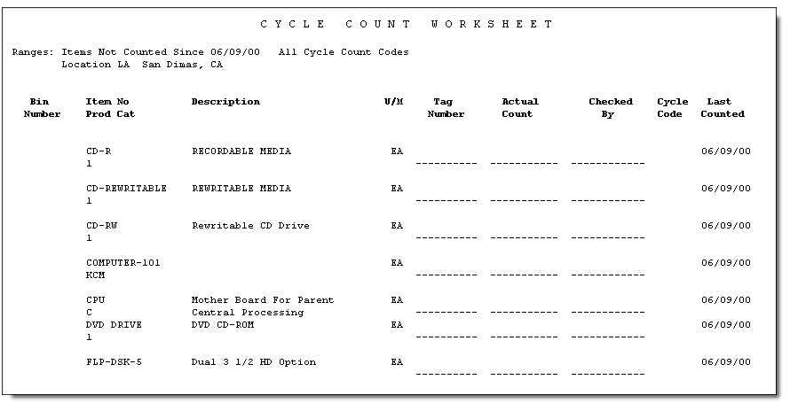 Inventory Management - Cycle Count Worksheet